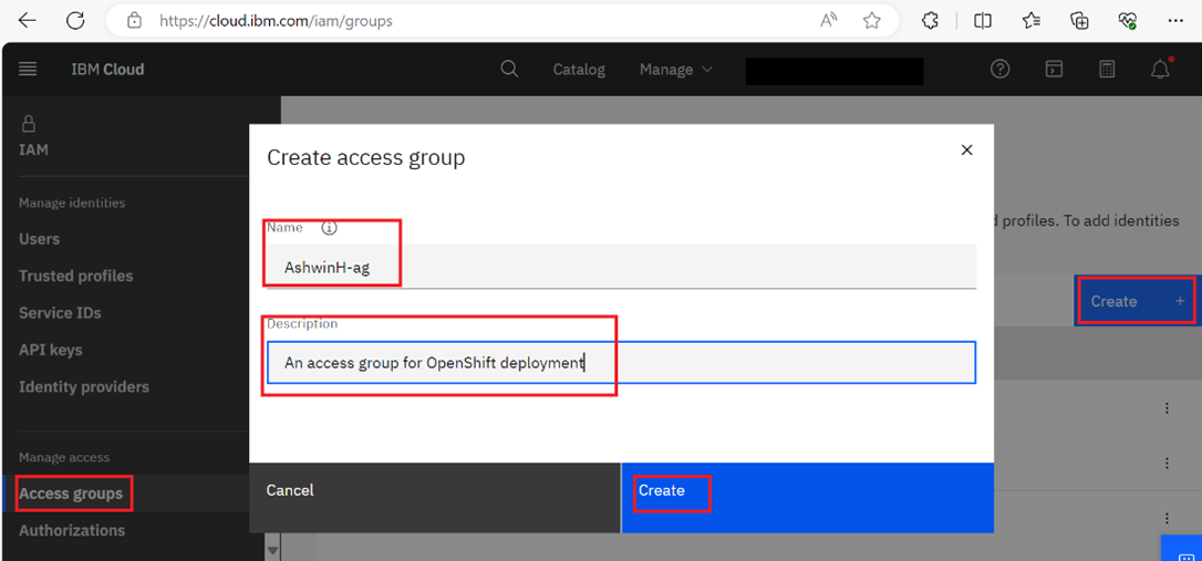 Create access group and assign permissions for creating a Red Hat OpenShift cluster on IBM Power ...